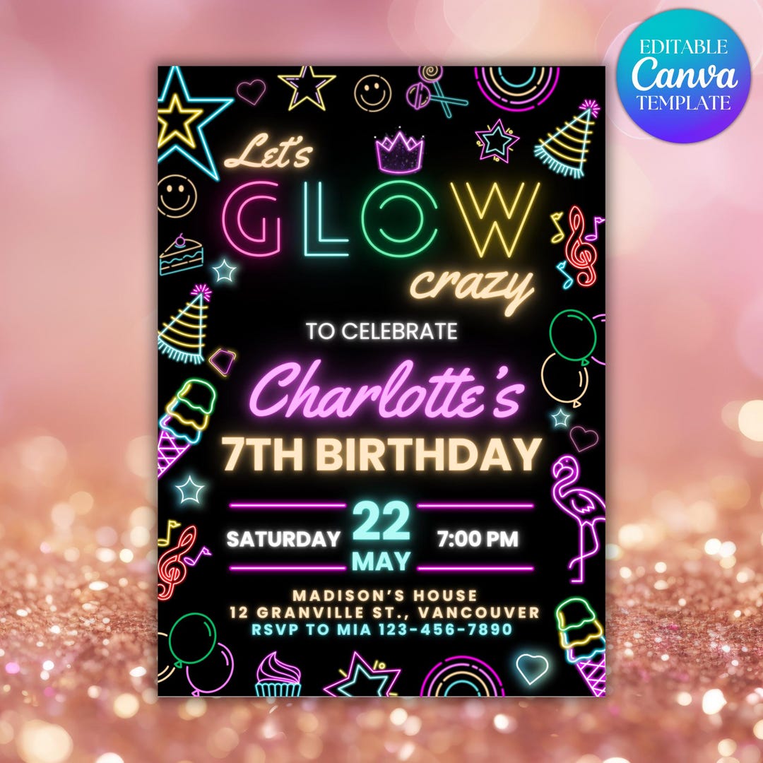 Editable Glow Party Birthday Invitation, Glow Invitation, Neon Party ...