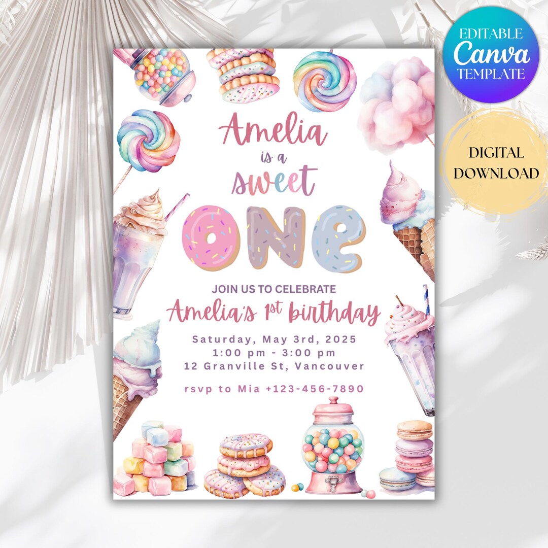 Sweet One Birthday Invitation, Pastel Desserts Invite, First Birthday ...
