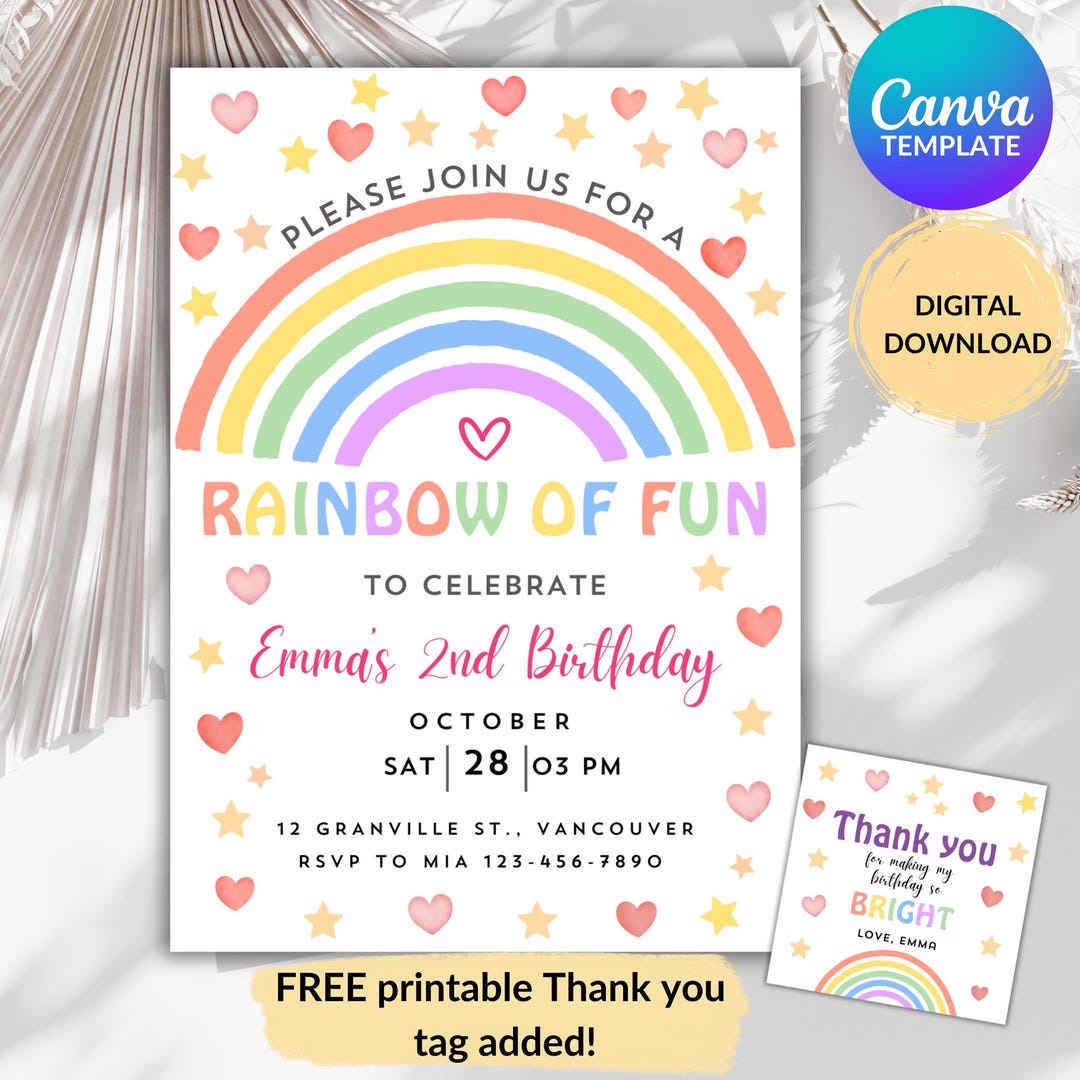 Editable Rainbow Birthday Invitation, Girls Rainbow Party, Rainbow of ...