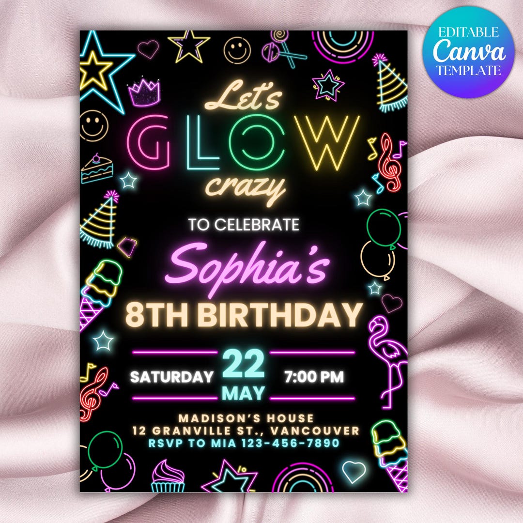 Editable Glow Party Birthday Invitation, Neon Party Invite, Glow ...