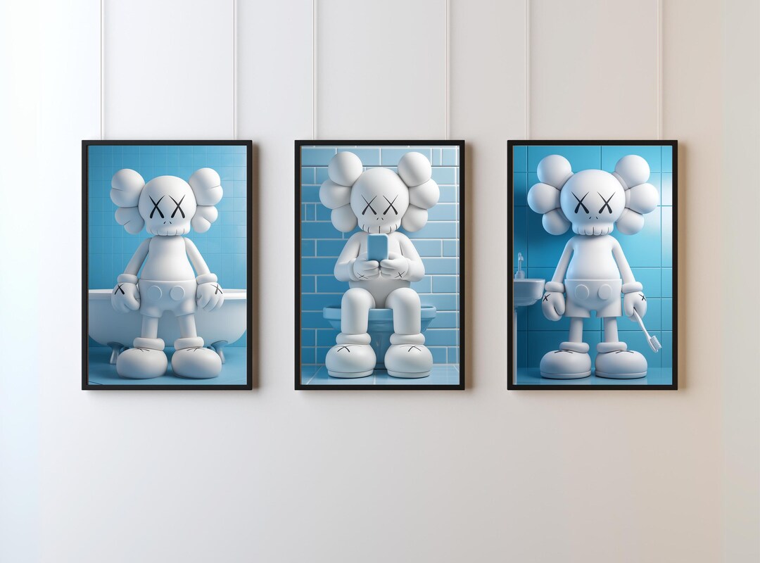White Blue Kaws Bathroom Bundle, Set of 3, Bathroom Wall Art, Hypebeast ...