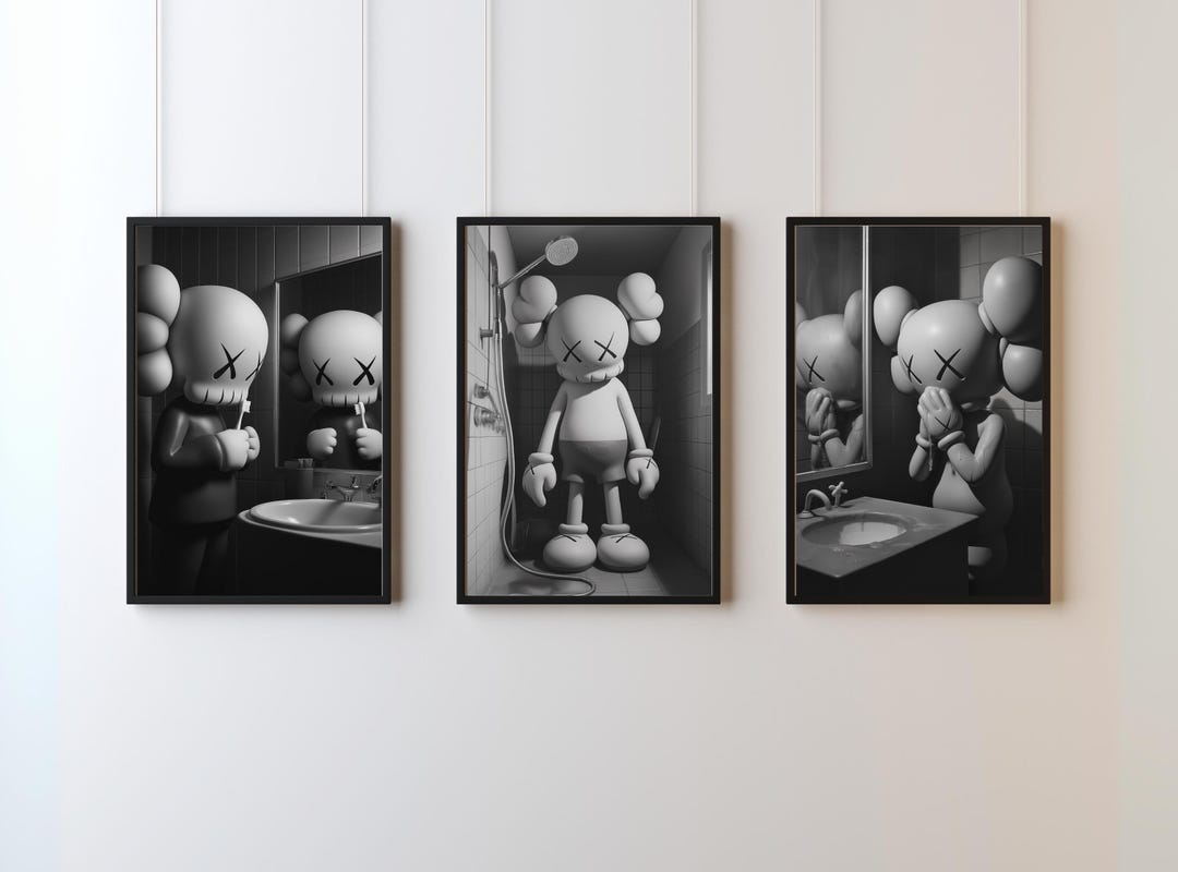 Black Kaws Bathroom Poster, Set of 3, Bathroom Wall Art Bundle ...