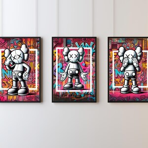 Kaws Graffiti Poster, Set of 3, Kaws Wall Art Colorful, Hypebeast Decor ...