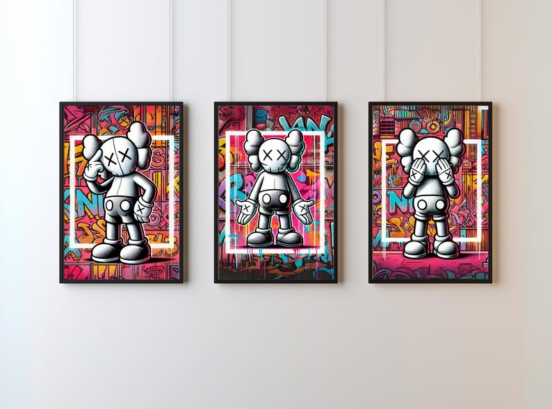 Kaws Graffiti Poster, Set of 3, Kaws Wall Art Colorful, Hypebeast Decor ...