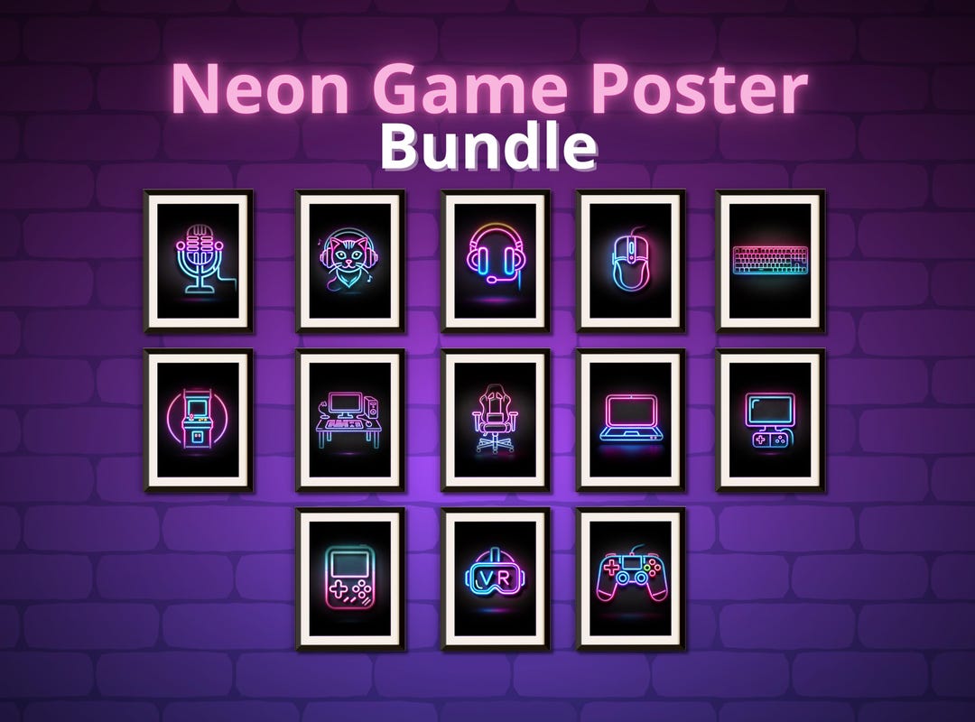Neon Gaming Poster Bundle, Video Game Wall Art, Set of 13, Digital ...
