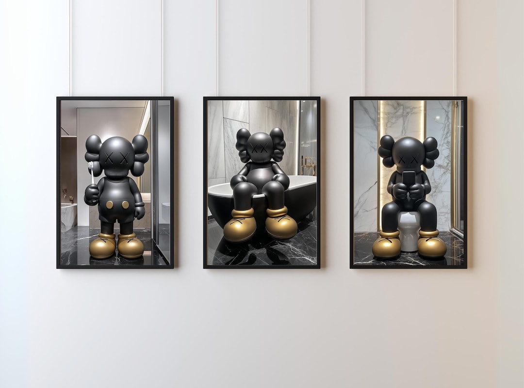 Black Gold Kaws Bathroom Poster, Set of 3, Bathroom Wall Art Bundle ...
