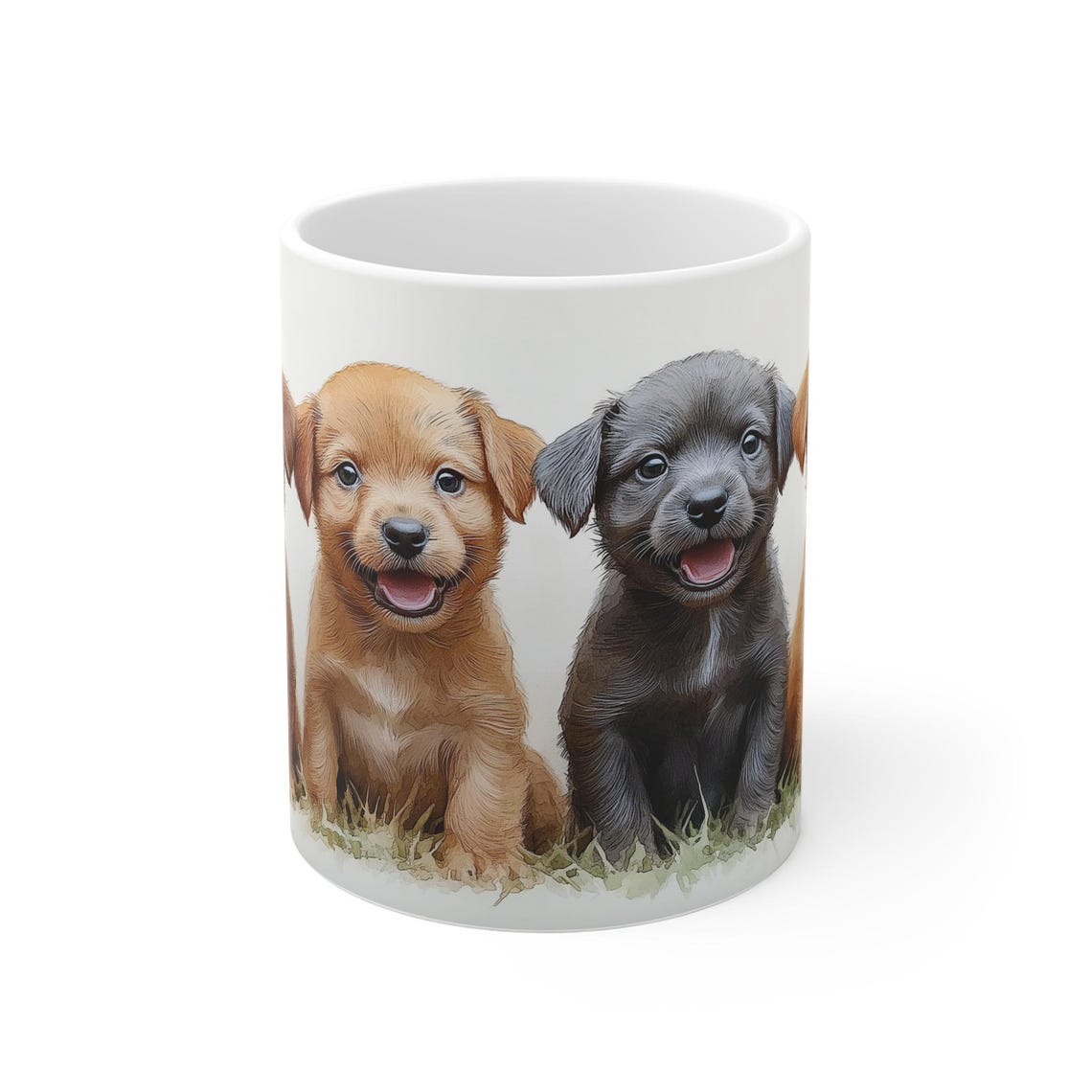 Cute Puppies Sitting Happily Together Mug, Animal, Pets, Water Colour ...