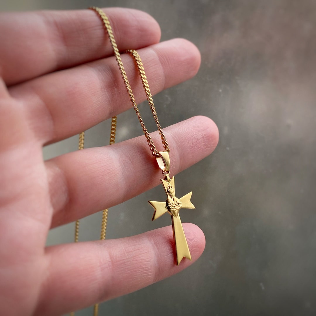 Gold Sacred Heart ~ Torch Flames Thorns ~ Cross Charm Pendant Necklace ...