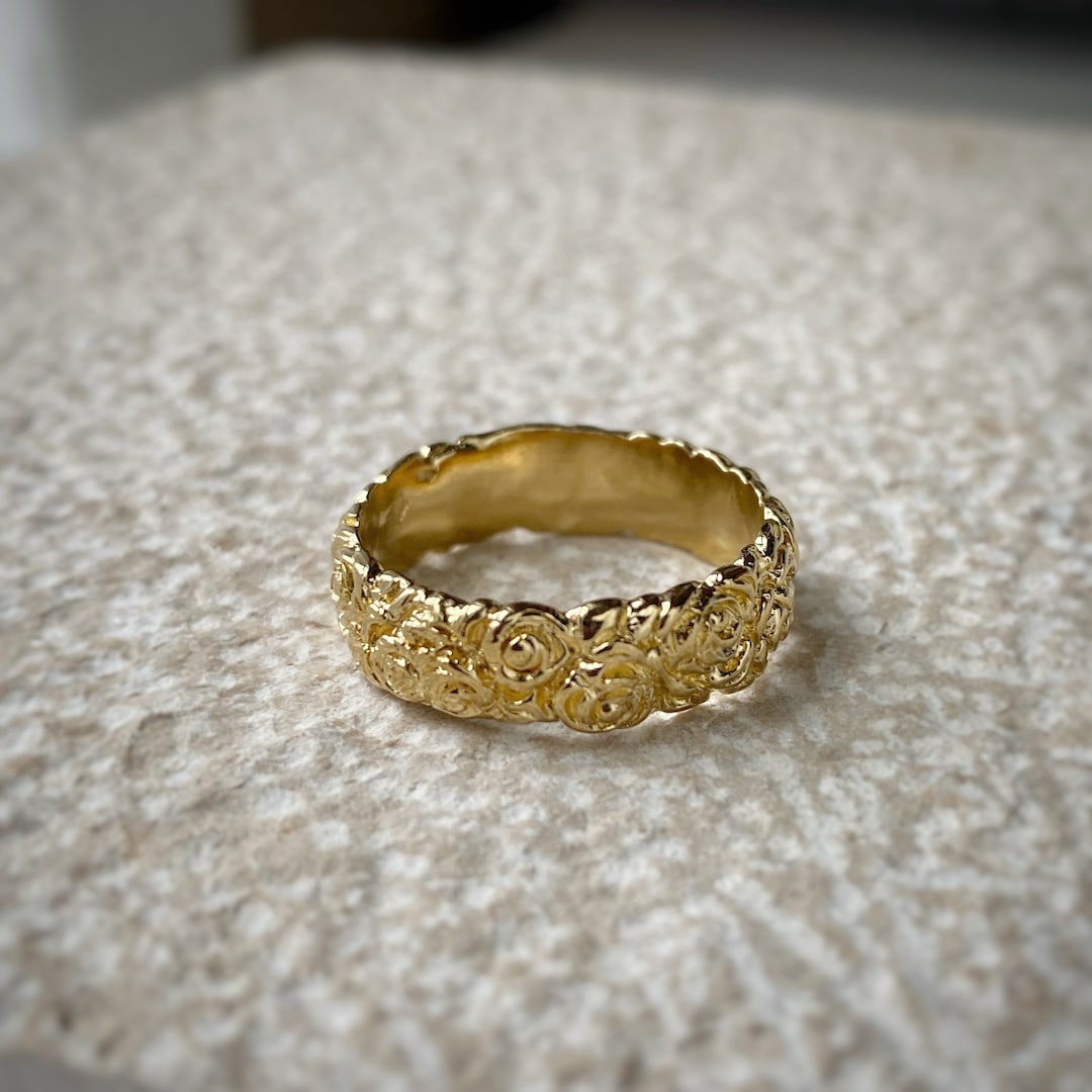 Silver or Gold Floral Band Ring, Unisex Masculine Flower Wedding Band ...