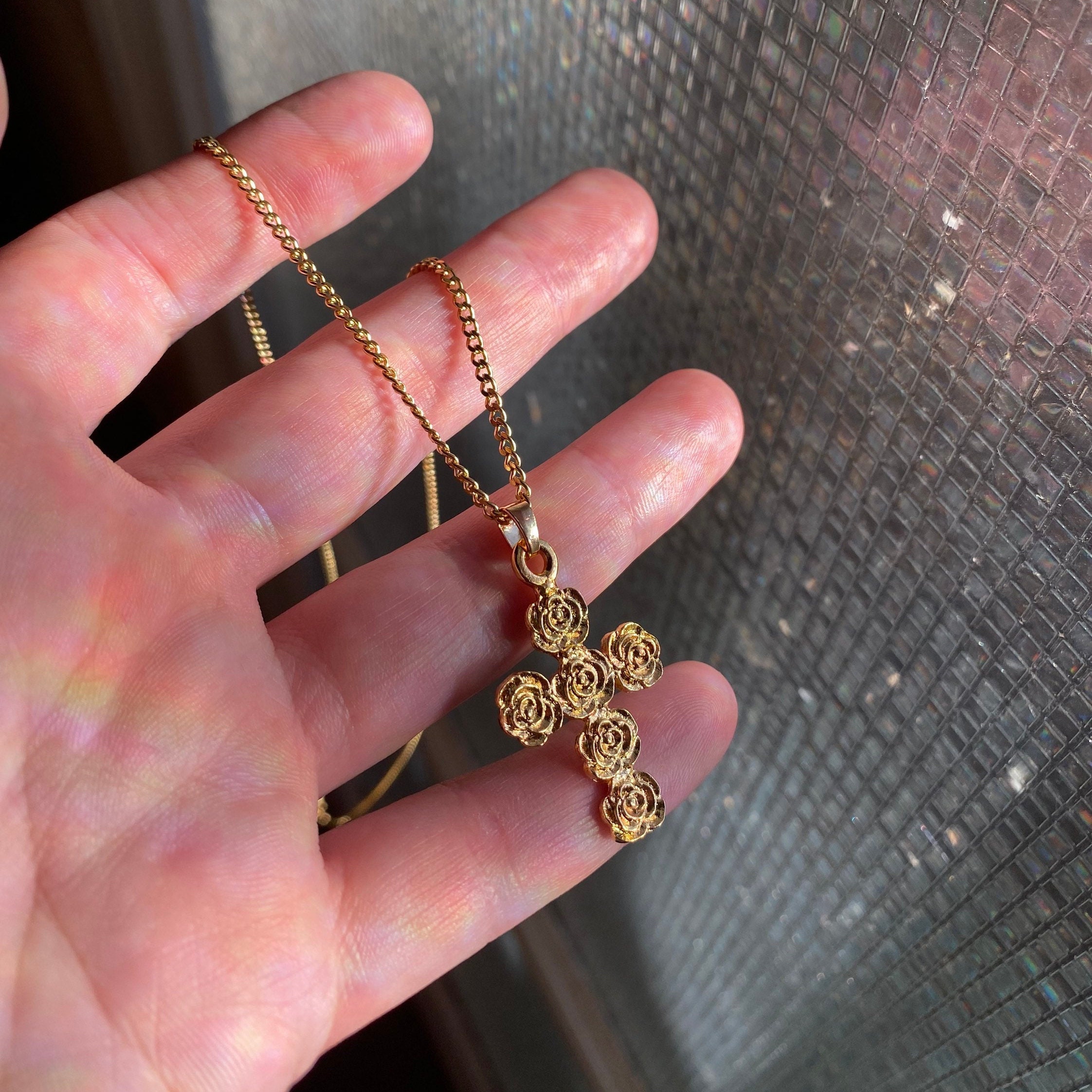Floral Rose Cross Pendant in - Flower Catholic Unisex Gold Plated With ...
