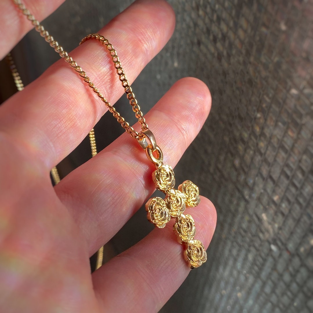 Floral Rose Cross Pendant in Flower Catholic Unisex Gold Plated With or ...