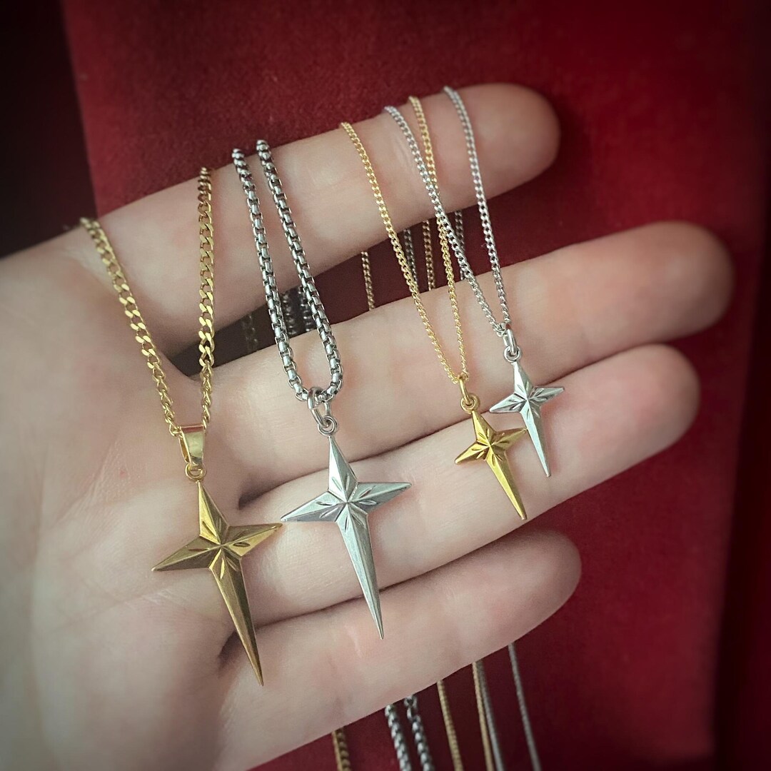 North Star Cross Necklace in Gold or Rhodium Plated, With Chain Options ...