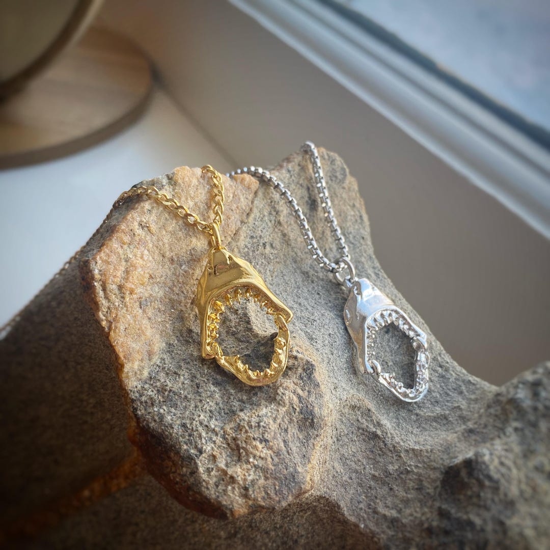 Gold or Silver Shark Jaw Pendant Necklace on Custom Length Venetian or ...
