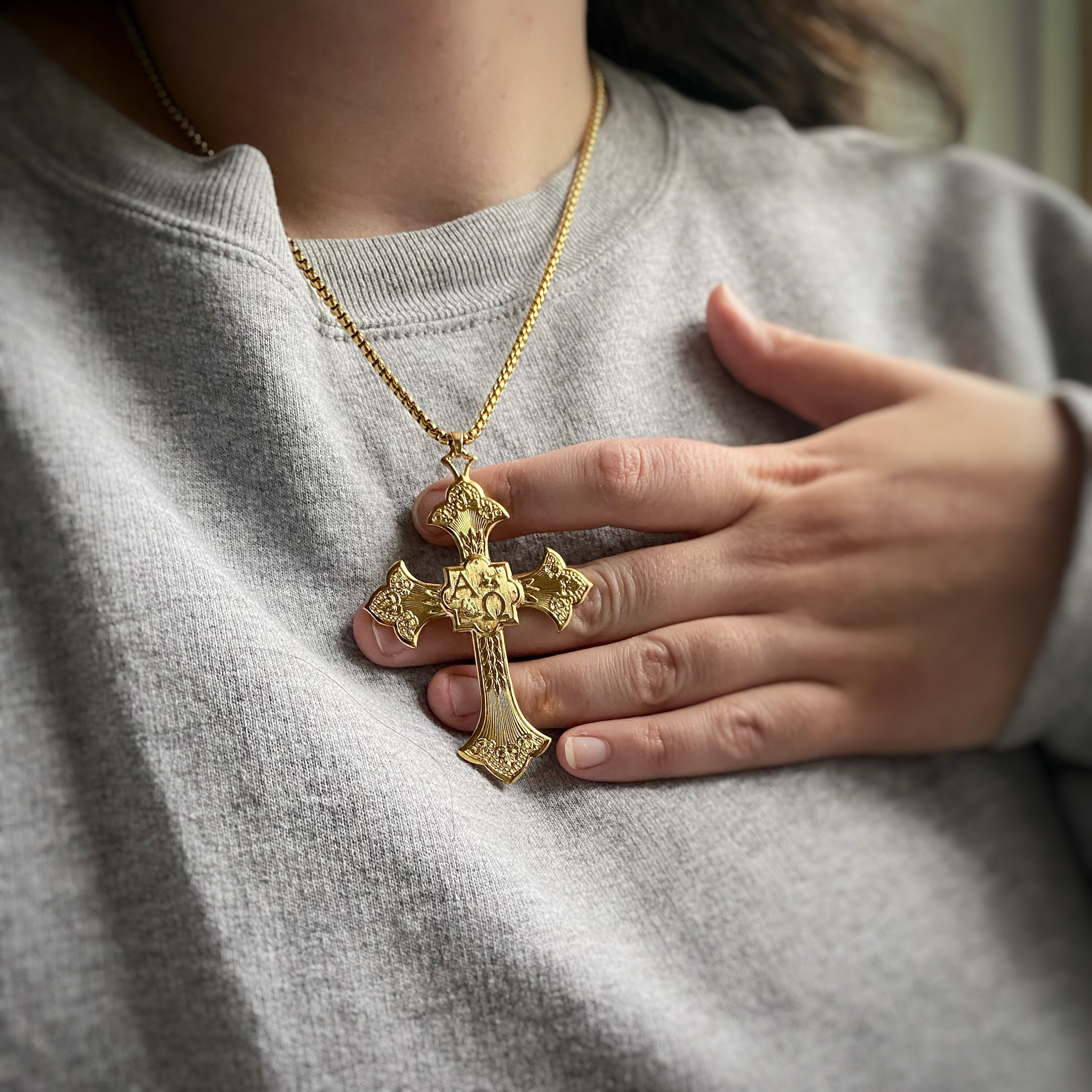 Large Alpha and Omega Cross Large Gold on Custom Chain W/ Dove and Lamb ...