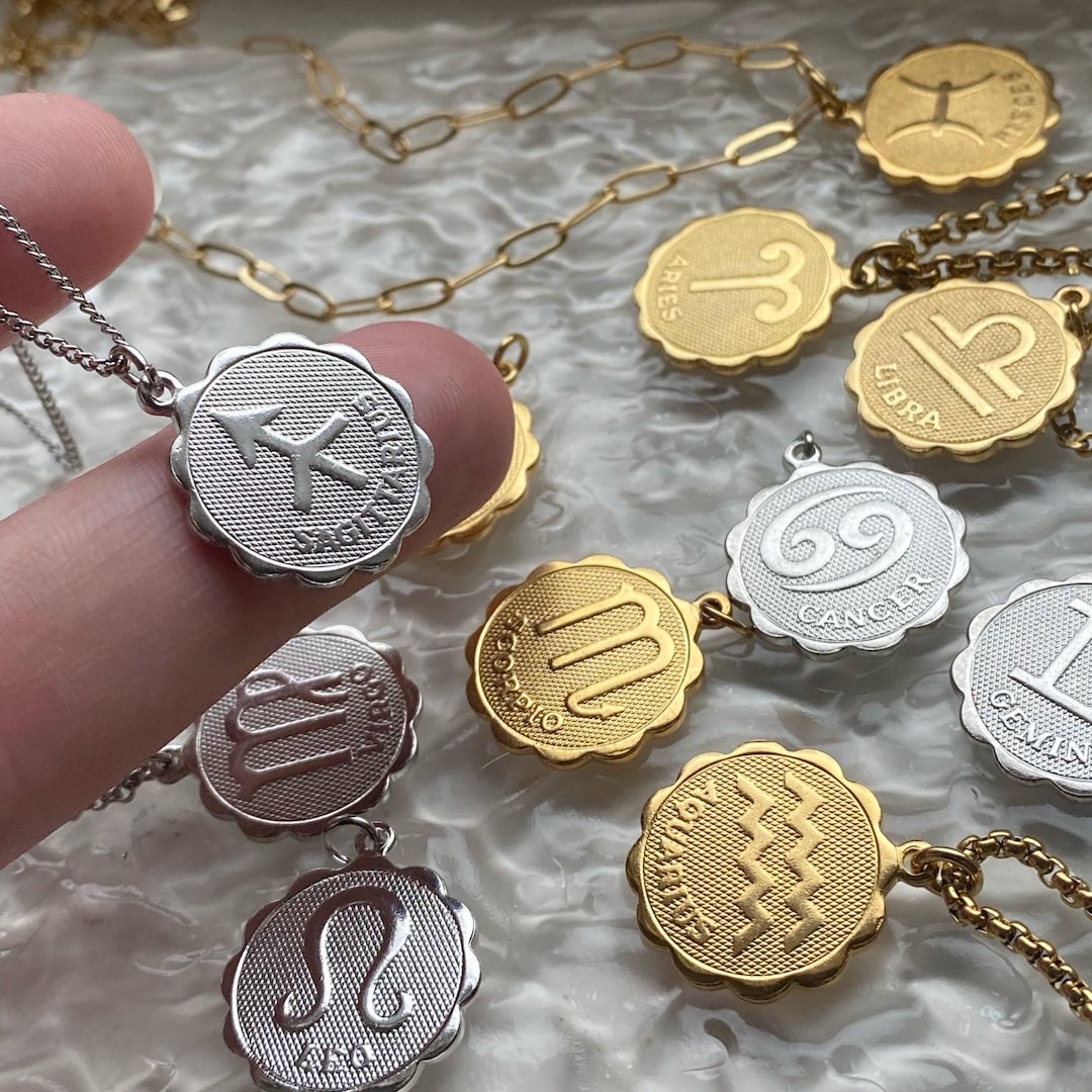 Astrology Horoscope Zodiac Coin Charm Pendant Gold or Silver Necklace W ...