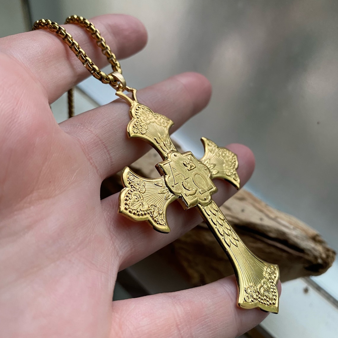 Large Ornate Gold Alpha and Omega Cross on Custom Chain W/ - Etsy