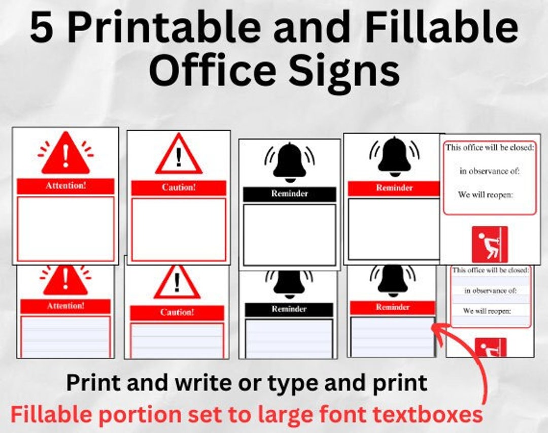 Printable Office Signs Caution, Reminder, Will Be Closed. PDF Download ...