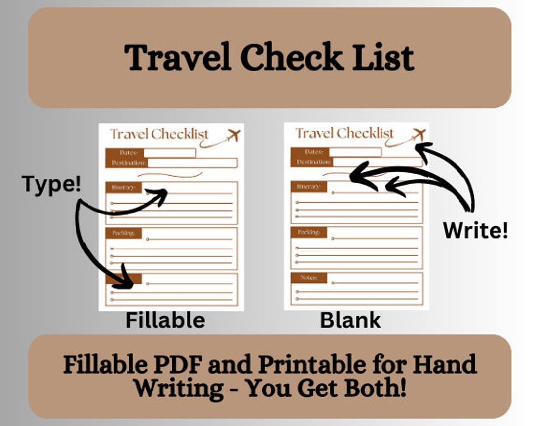 Simple Travel Checklist, Fillable PDF and Printable Type and Print or ...