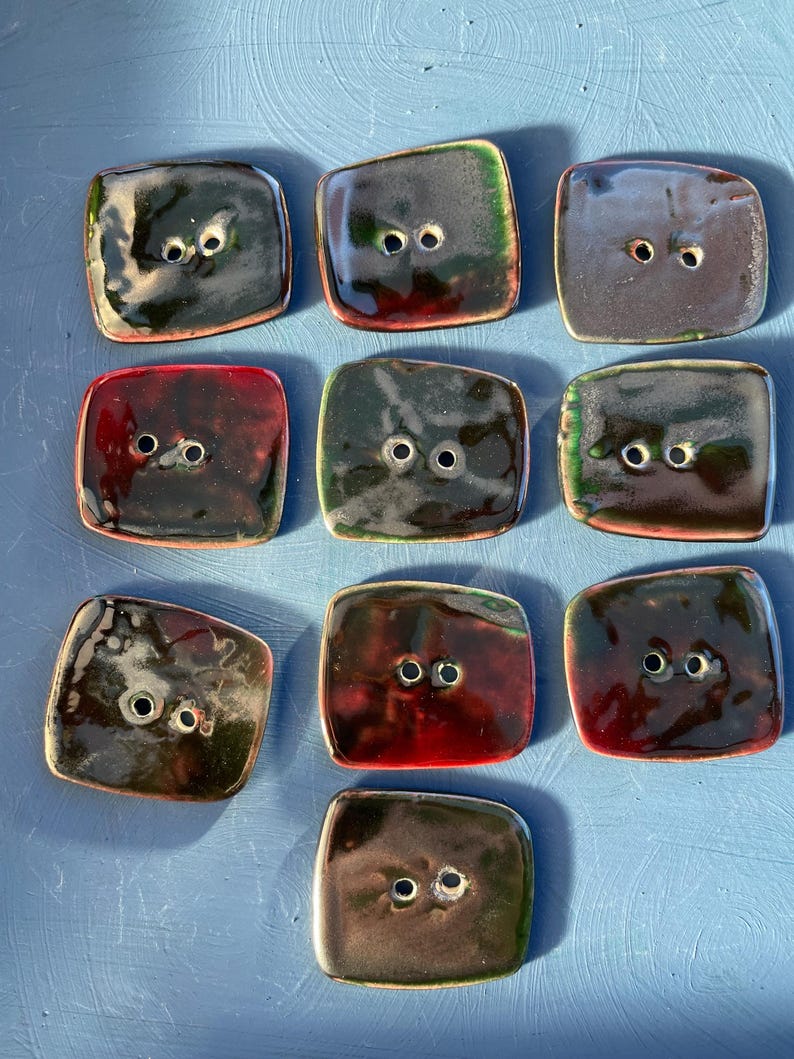 Handmade Rectangular Irregular Green Red Metallic Ceramic Buttons ...