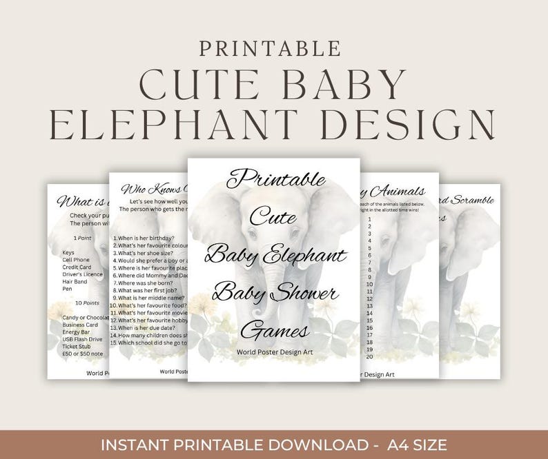 Cute Baby Elephant Baby Shower Games Pack, Digital Download, Baby ...