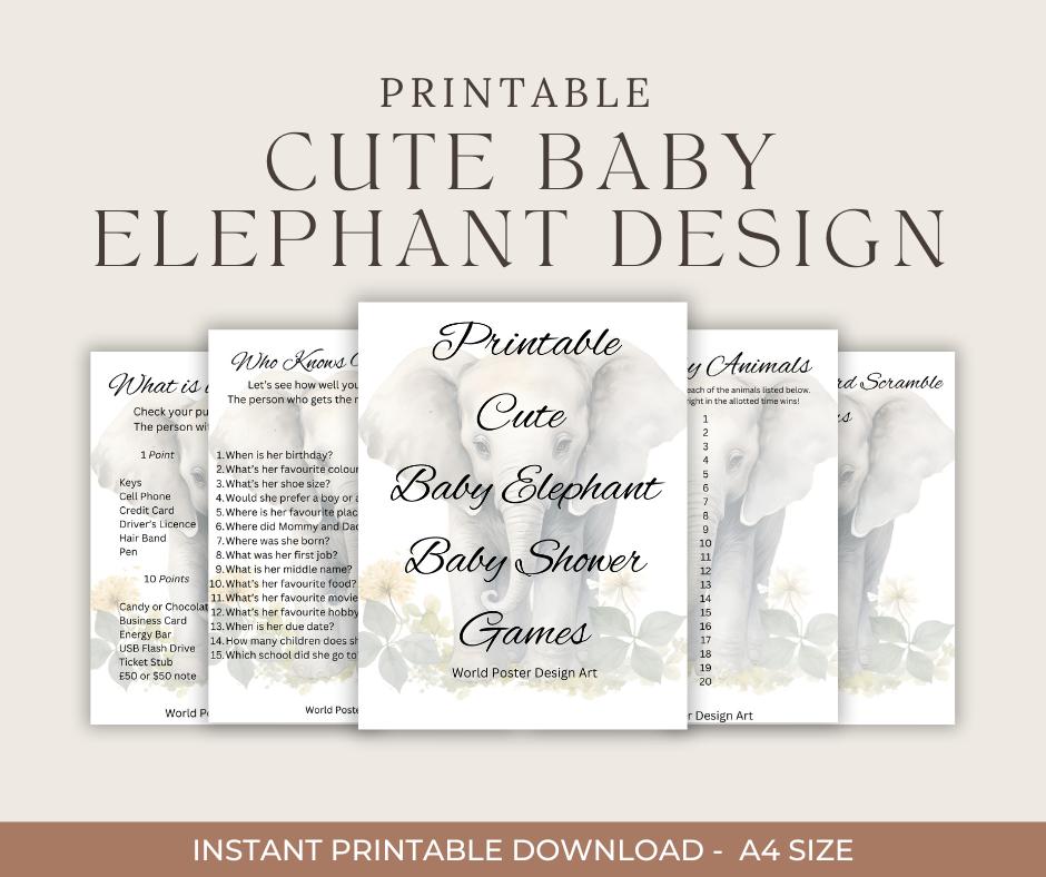 Cute Baby Elephant Baby Shower Games Pack, Digital Download, Baby ...