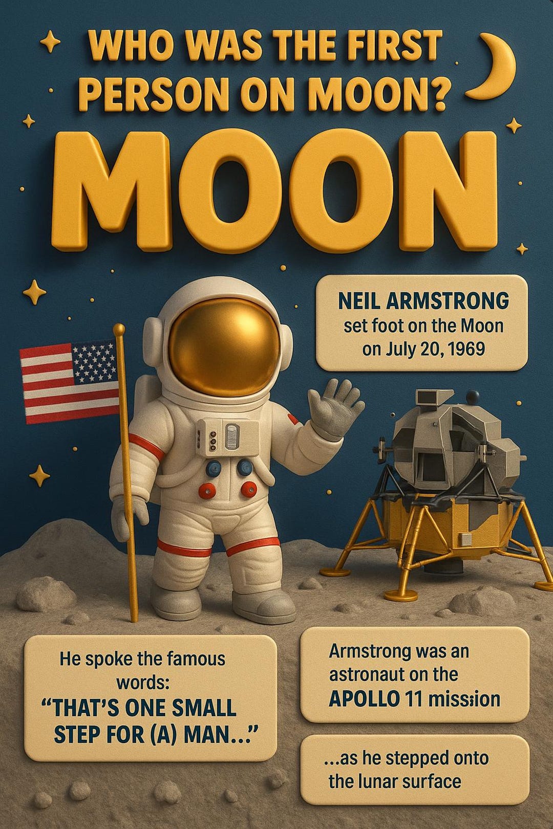 3D Kids Educational Poster | the First Man on the Moon | Space Wall Art ...