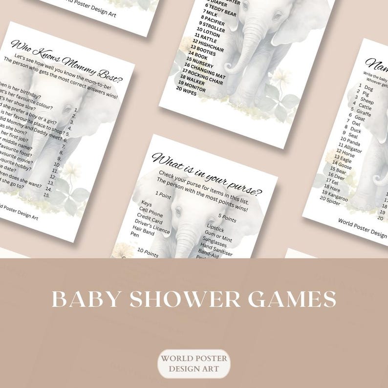 Cute Baby Elephant Baby Shower Games Pack, Digital Download, Baby ...
