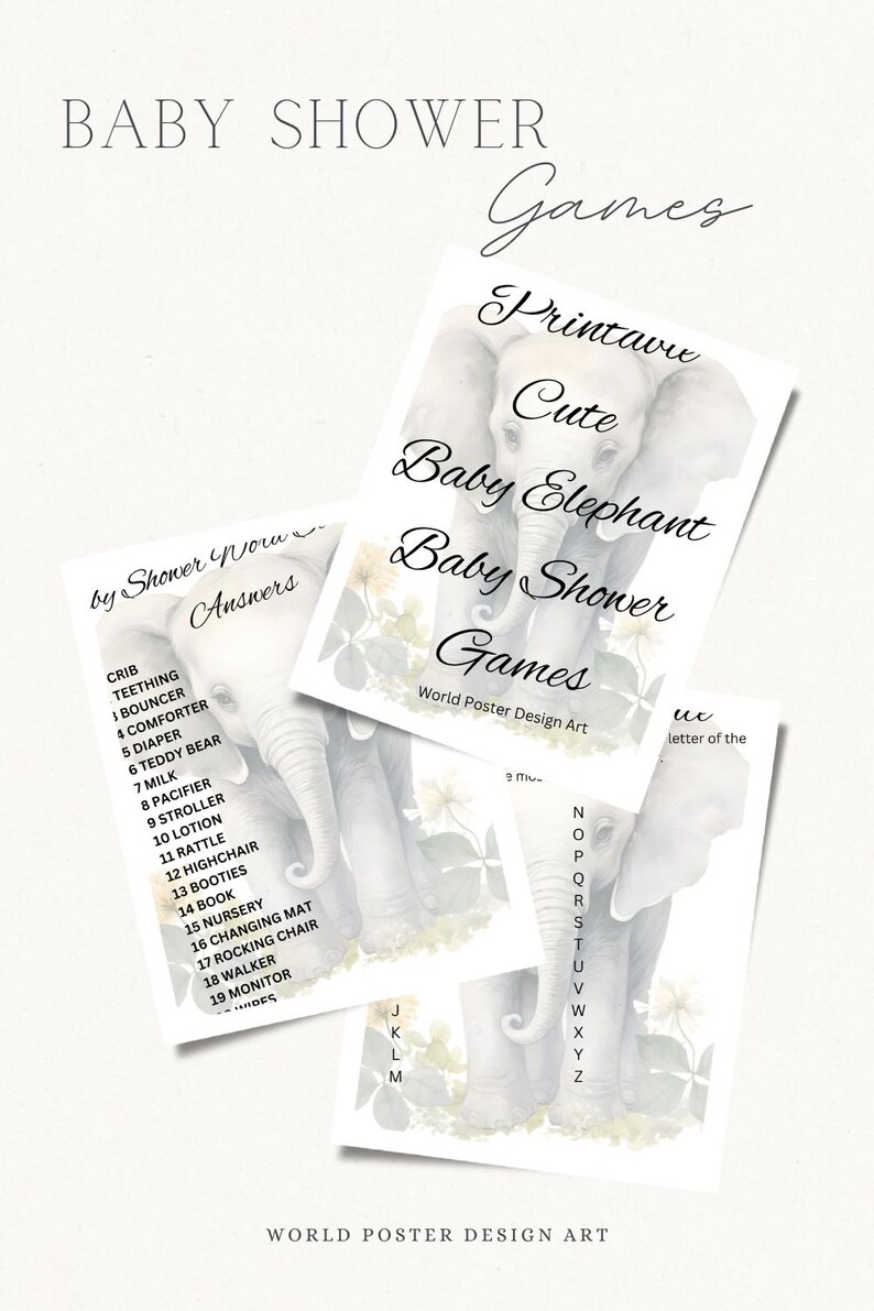 Cute Baby Elephant Baby Shower Games Pack, Digital Download, Baby ...