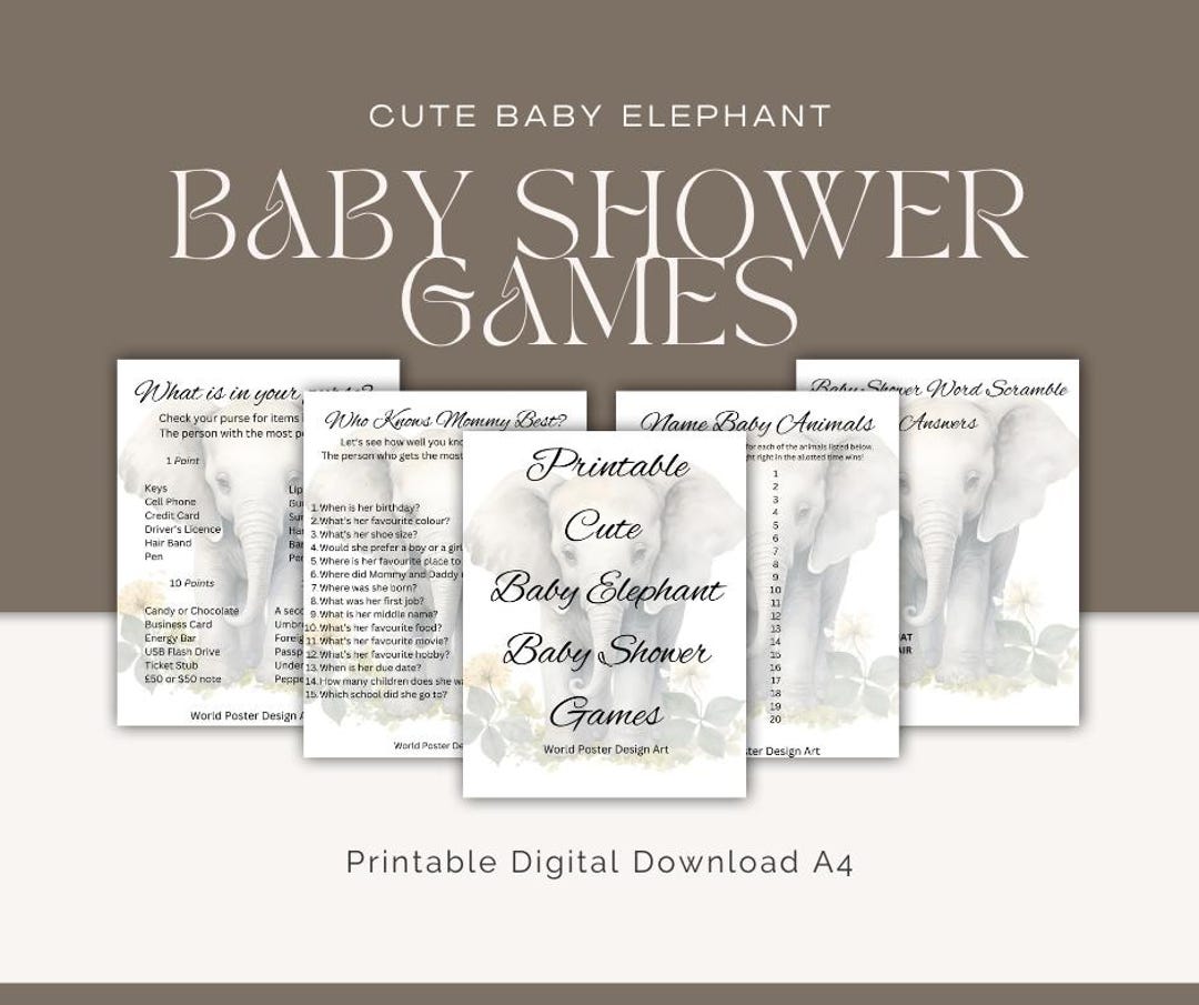 Cute Baby Elephant Baby Shower Games Pack, Digital Download, Baby ...