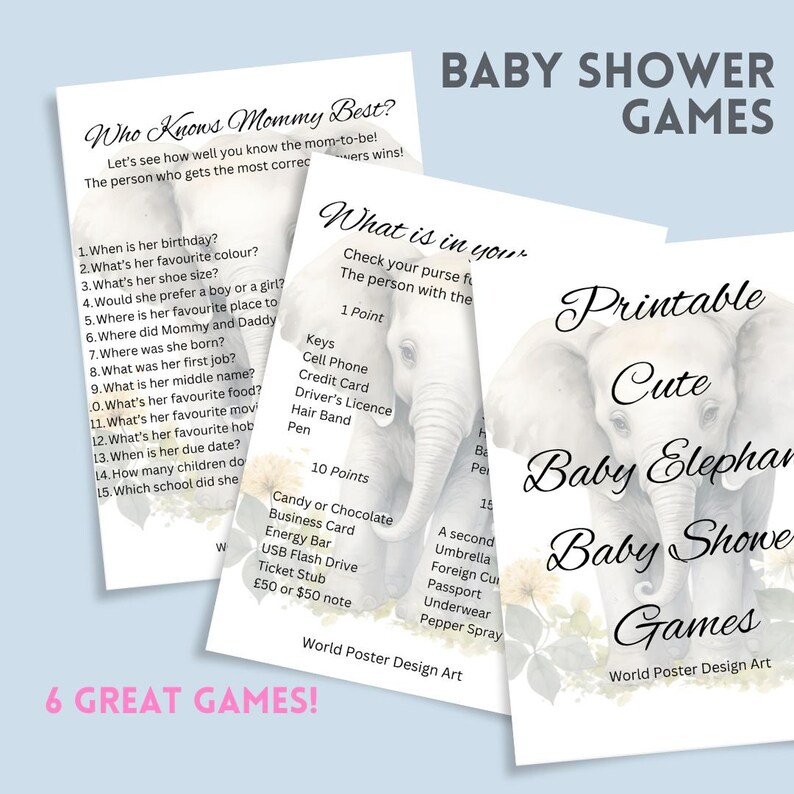 Cute Baby Elephant Baby Shower Games Pack, Digital Download, Baby ...