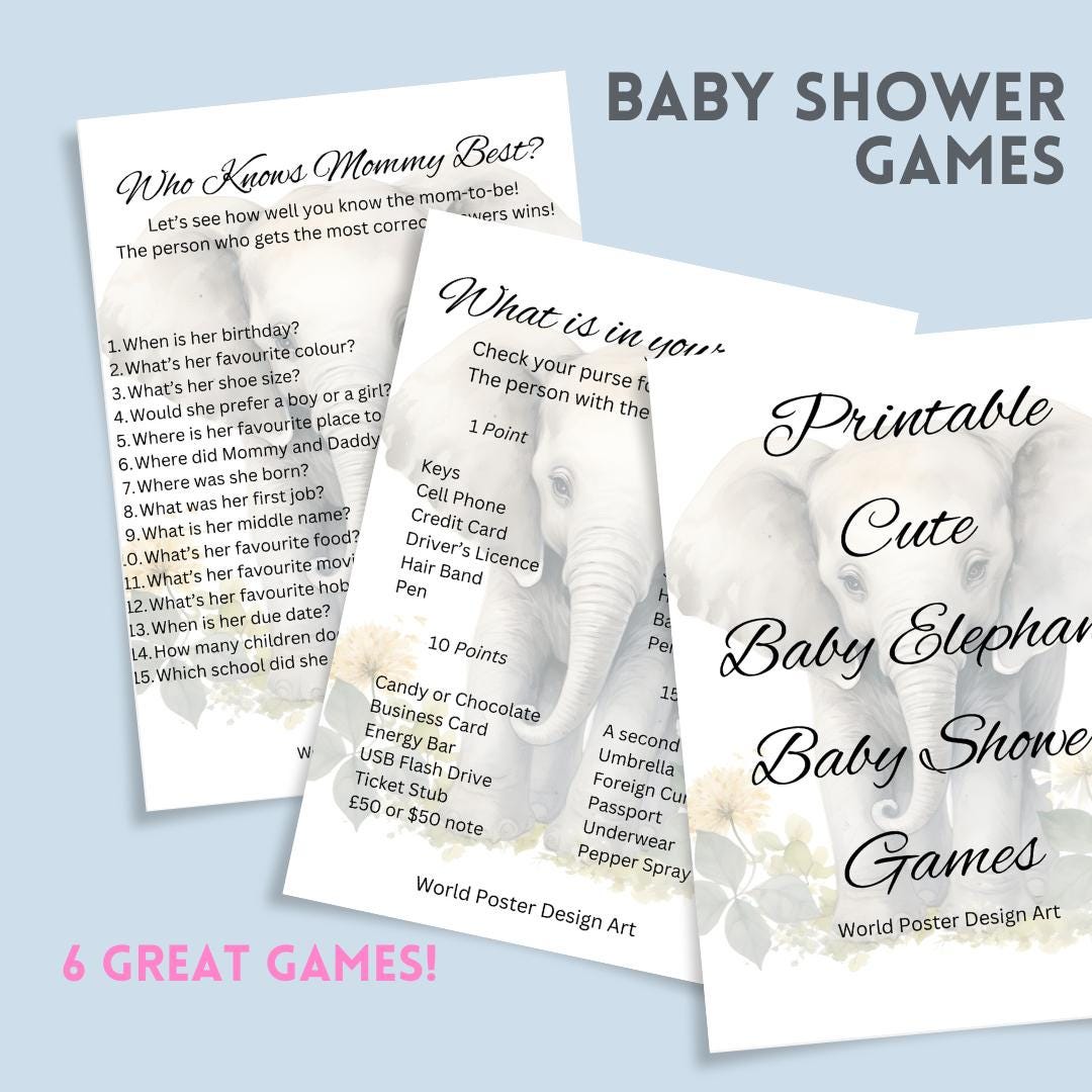 Cute Baby Elephant Baby Shower Games Pack, Digital Download, Baby ...