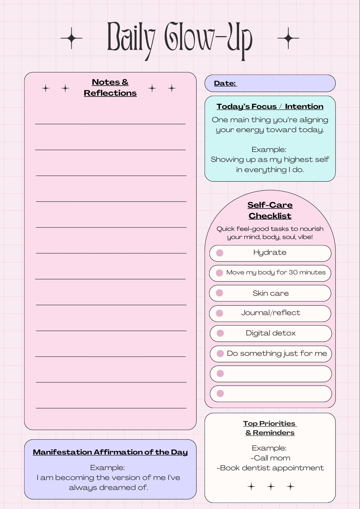 Girly Fillable Daily Planner | Manifestation Journal | Self-care ...
