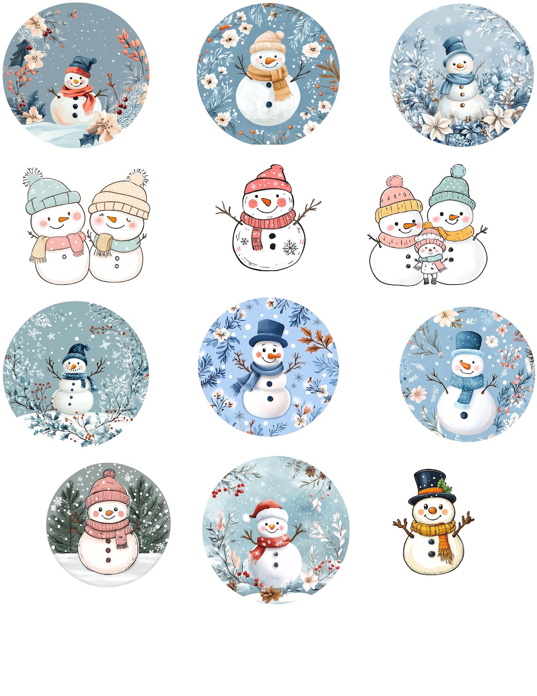 12-pack Adorable Snowman Christmas Sticker Pack Snowy Floral Snowmen ...