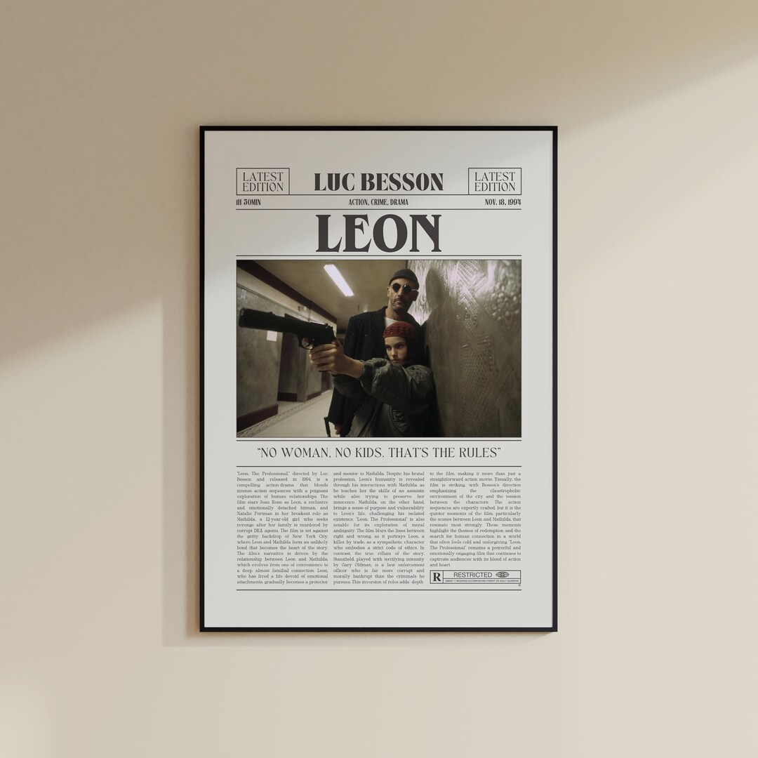 Leon, Luc Besson, Retro Newspaper Movie Poster, Black White Wall Art ...