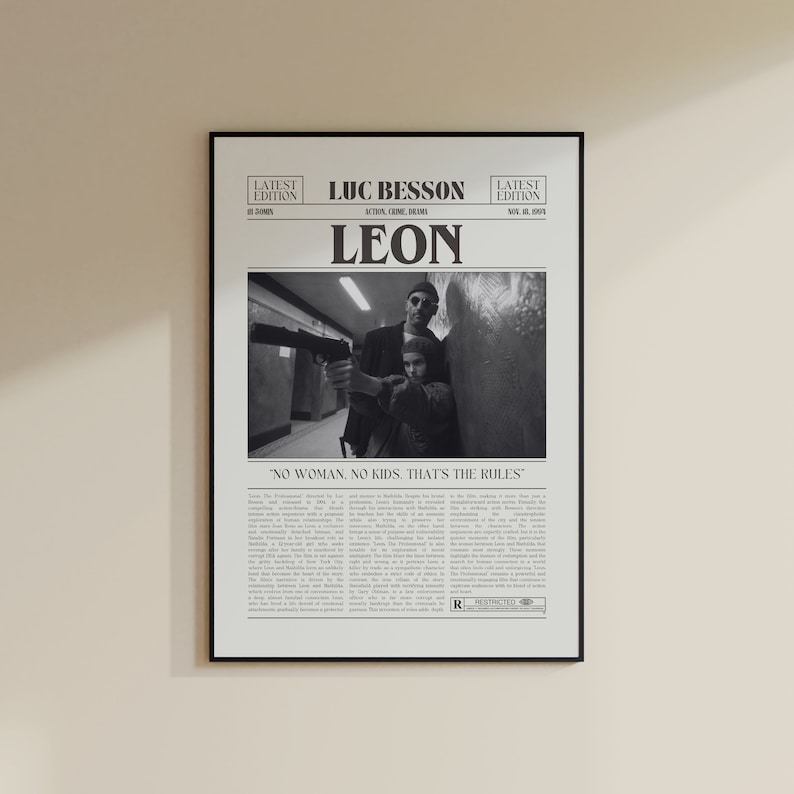 Leon, Luc Besson, Retro Newspaper Movie Poster, Black White Wall Art ...