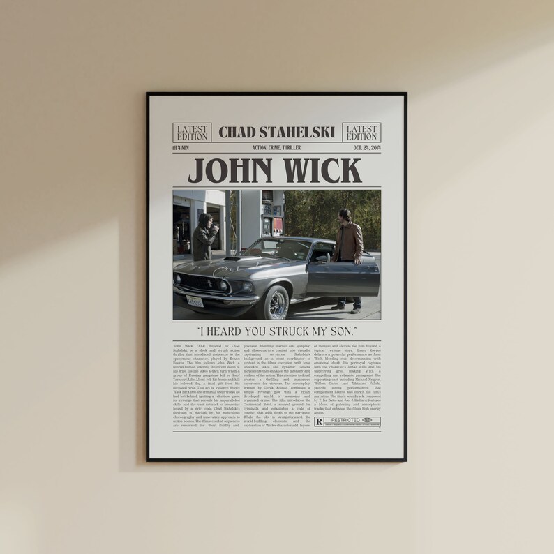 John Wick Poster , Chad Stahelski , Retro Newspaper Movie Poster, Black ...