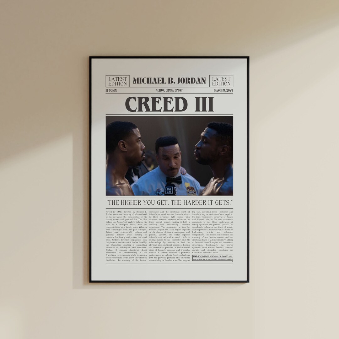Creed 3 Poster, Michael B. Jordan, Retro Newspaper Movie Poster, Black ...