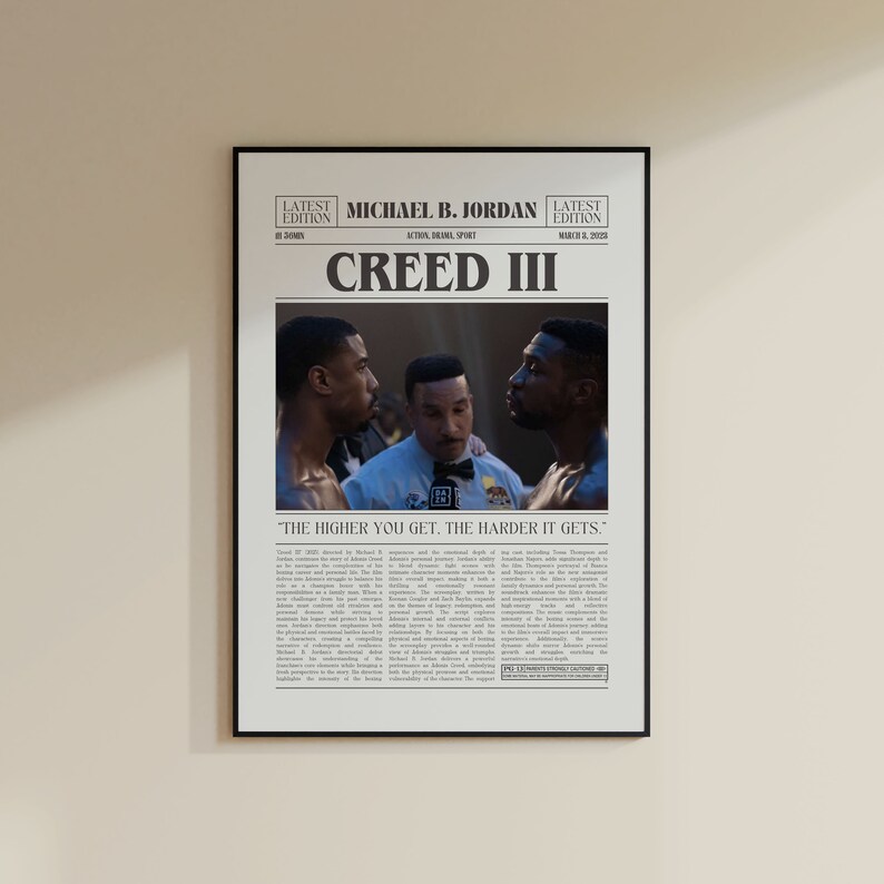 Creed 3 Poster, Michael B. Jordan, Retro Newspaper Movie Poster, Black ...