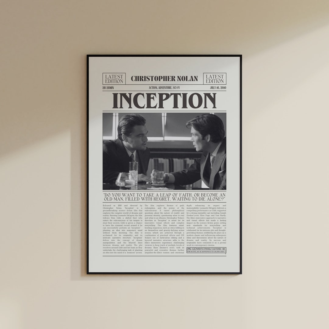 Inception, Christopher Nolan, Retro Newspaper Movie Poster, Black White ...