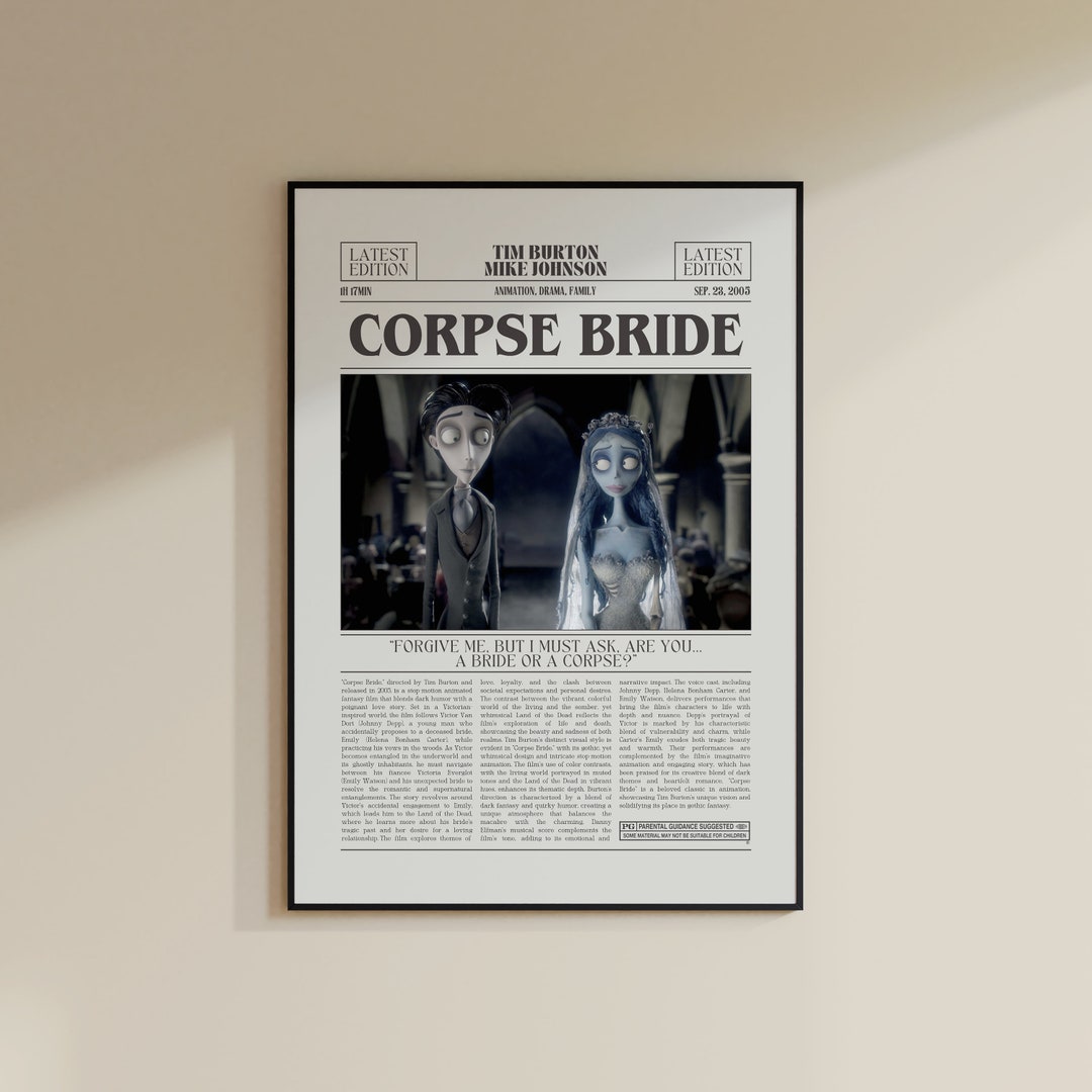 Corpse Bride, Tim Burton, Retro Newspaper Movie Poster, Black White ...