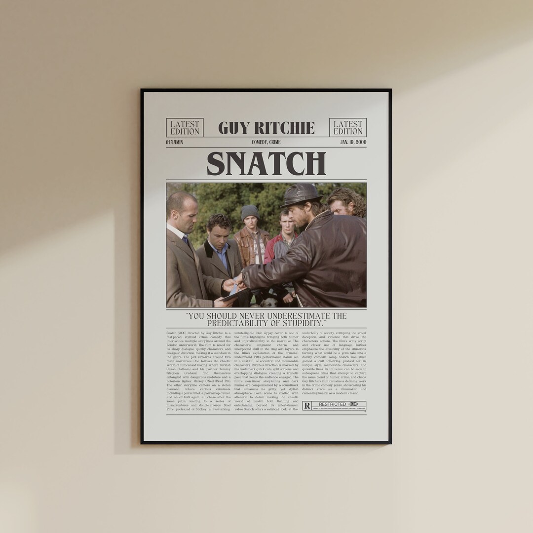 Snatch Poster, Guy Ritchie, Movie Poster, Retro Newspaper, Black White ...
