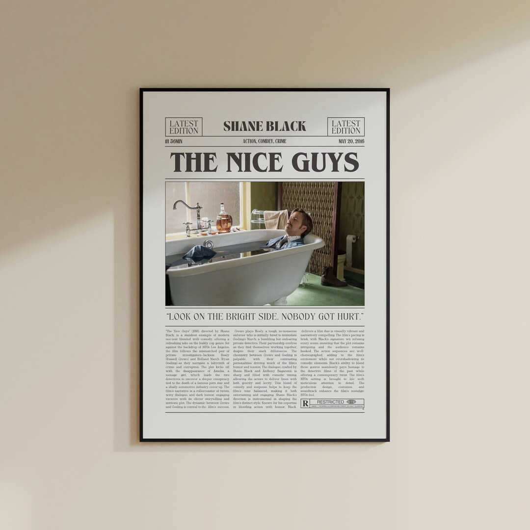 The Nice Guys Poster , Shane Black , Retro Newspaper Movie Poster, Black White Wall Art, Vintage ...