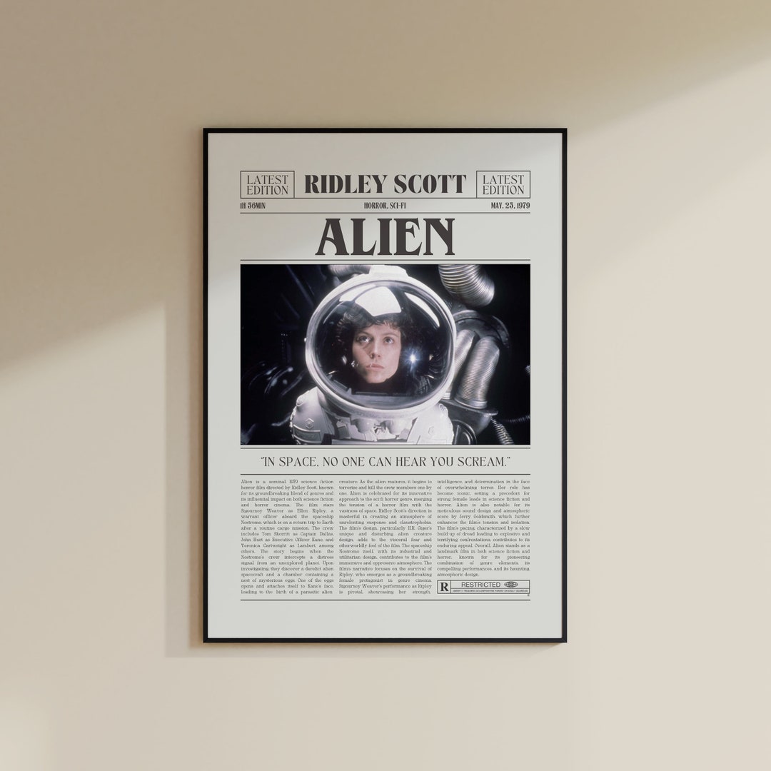 Alien Poster, Ridley Scott, Retro Newspaper Movie Poster, Black White ...
