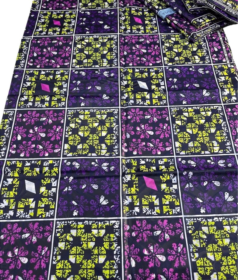 Purple–yellow Kampala Adire Fabric | Multicolor Floral Block Print ...