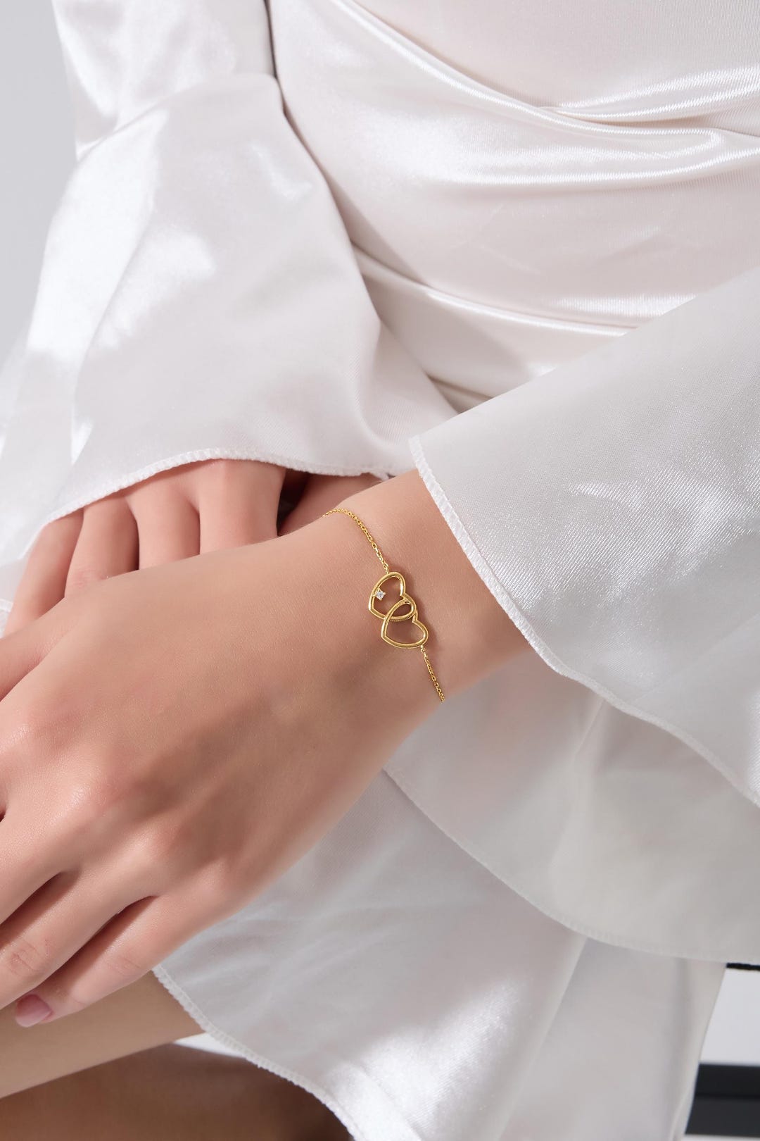 Solid Gold Interlocking Heart Bracelets | Double Heart Bracelet ...