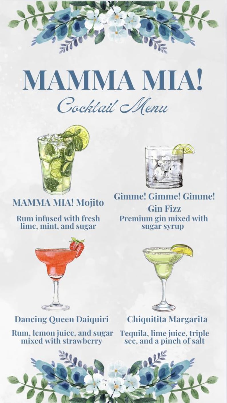Mamma Mia Cocktail Menu (with Drink Descriptions) - Etsy