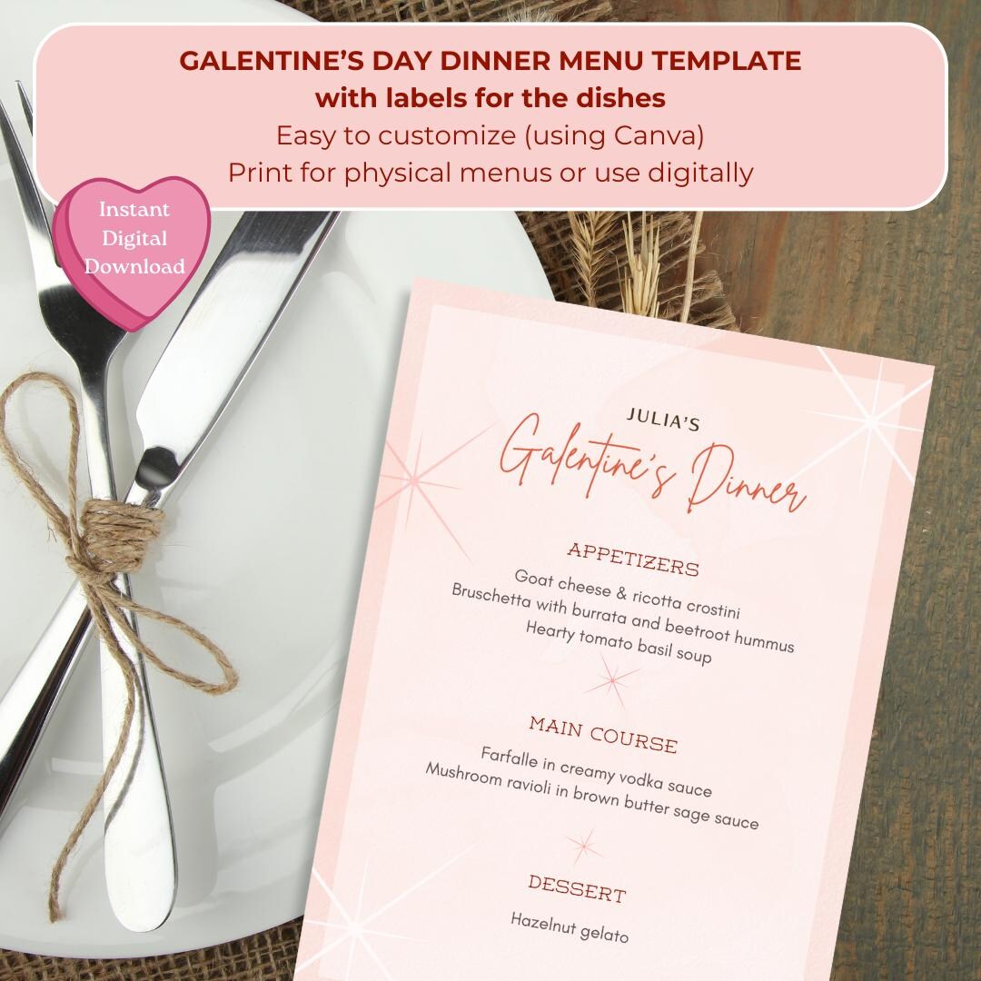 Girls Night Dinner Menu Template Galentine's Day Menu With Place Cards ...
