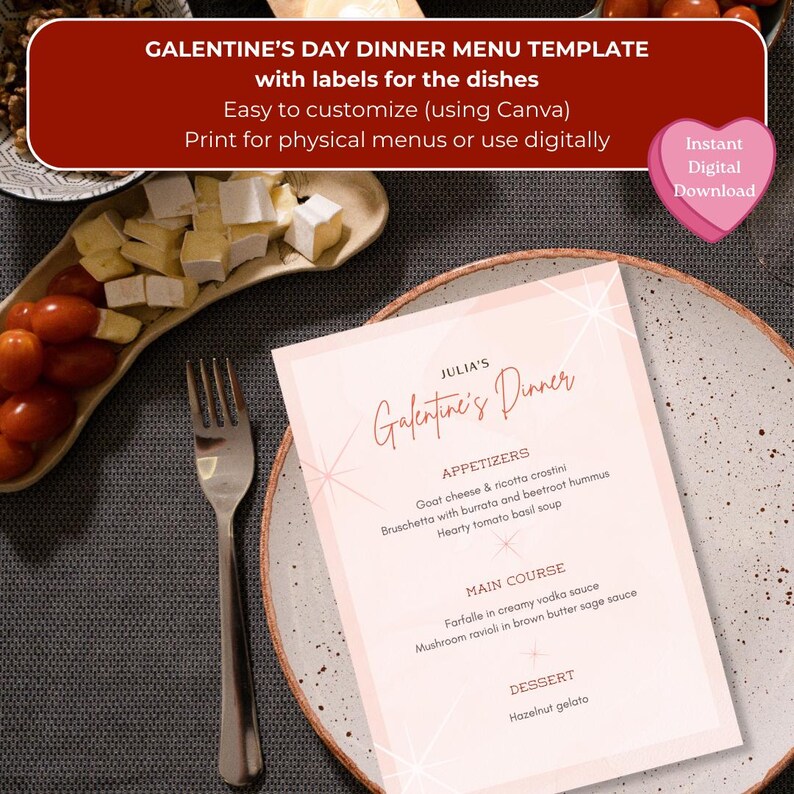 Galentine's Day Dinner Menu Template Girls Night Menu With Place Cards ...