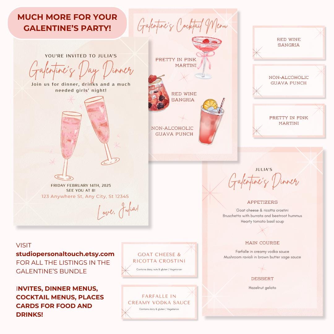 Galentine's Day Dinner Menu Template Girls Night Menu With Place Cards ...