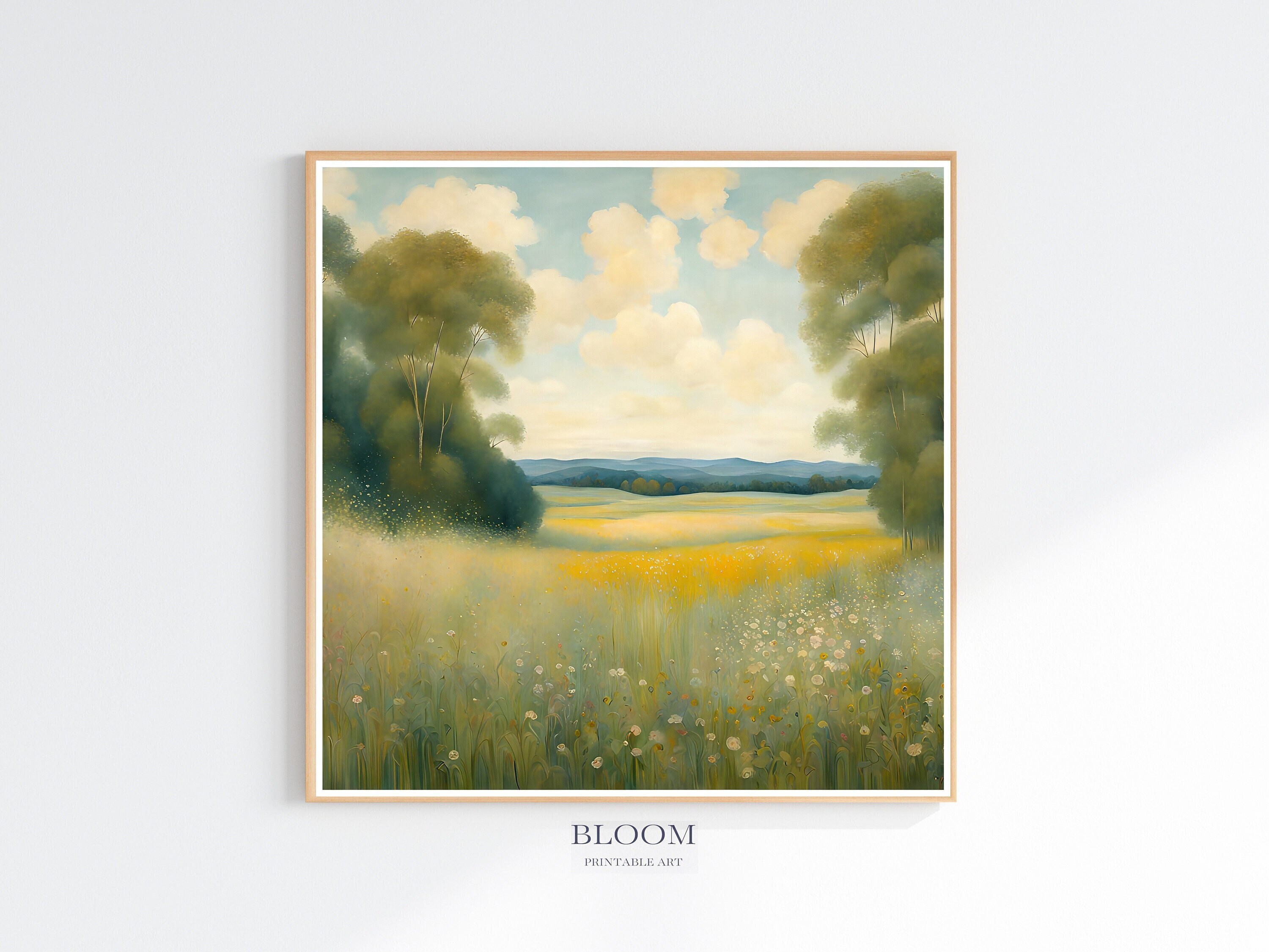 Printable Sunfilled Landscape Painting Print, Spring Meadow Painting ...